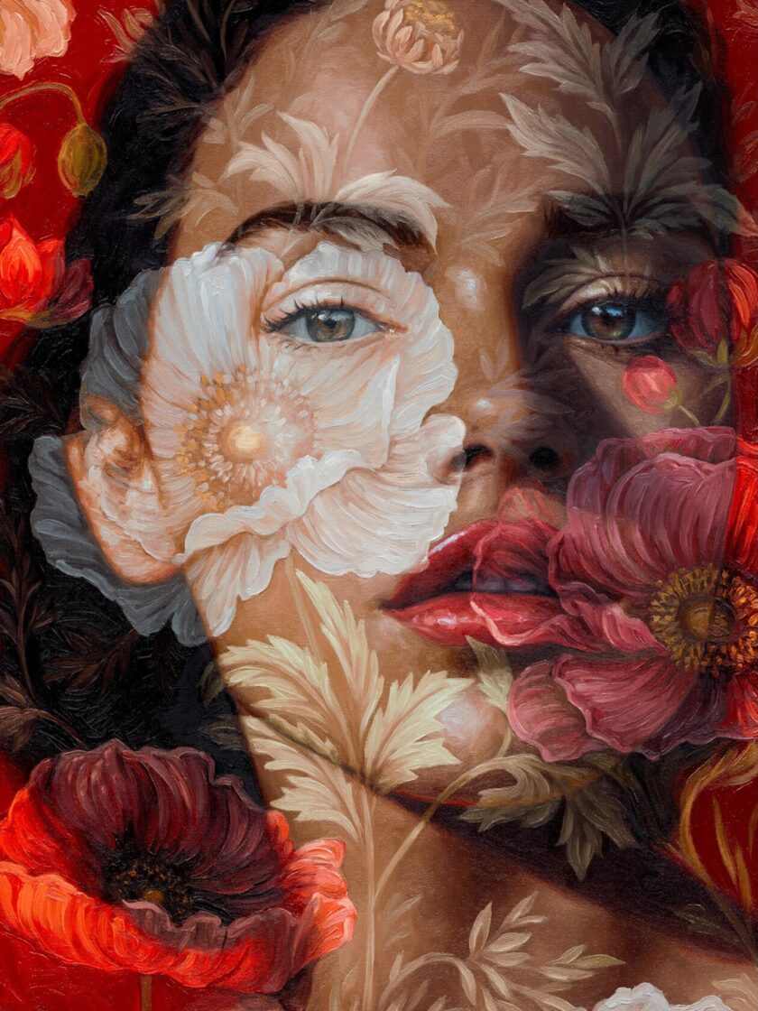 Jess Currier: floral double-exposure female portrait paintings