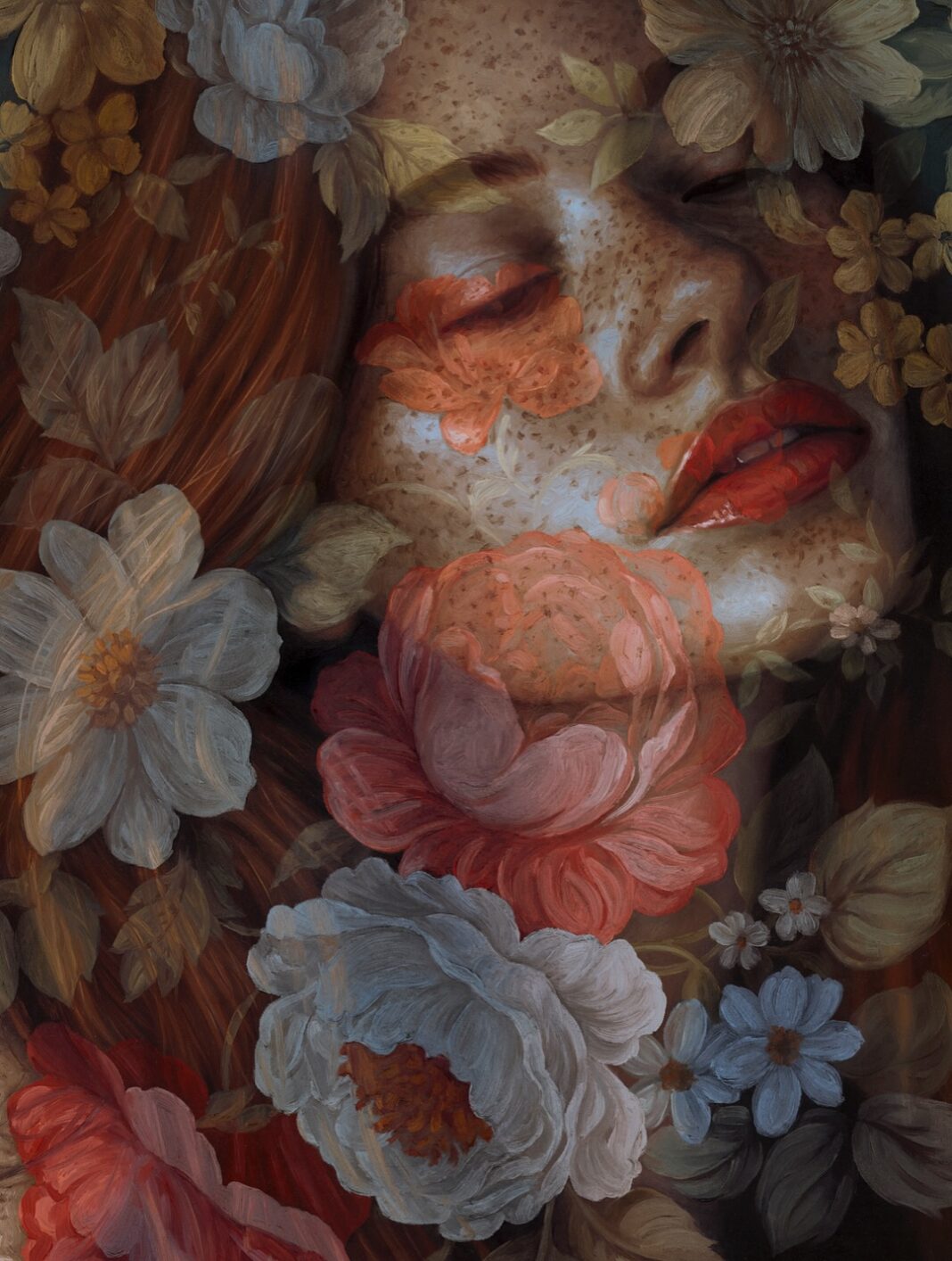 Jess Currier: floral double-exposure female portrait paintings
